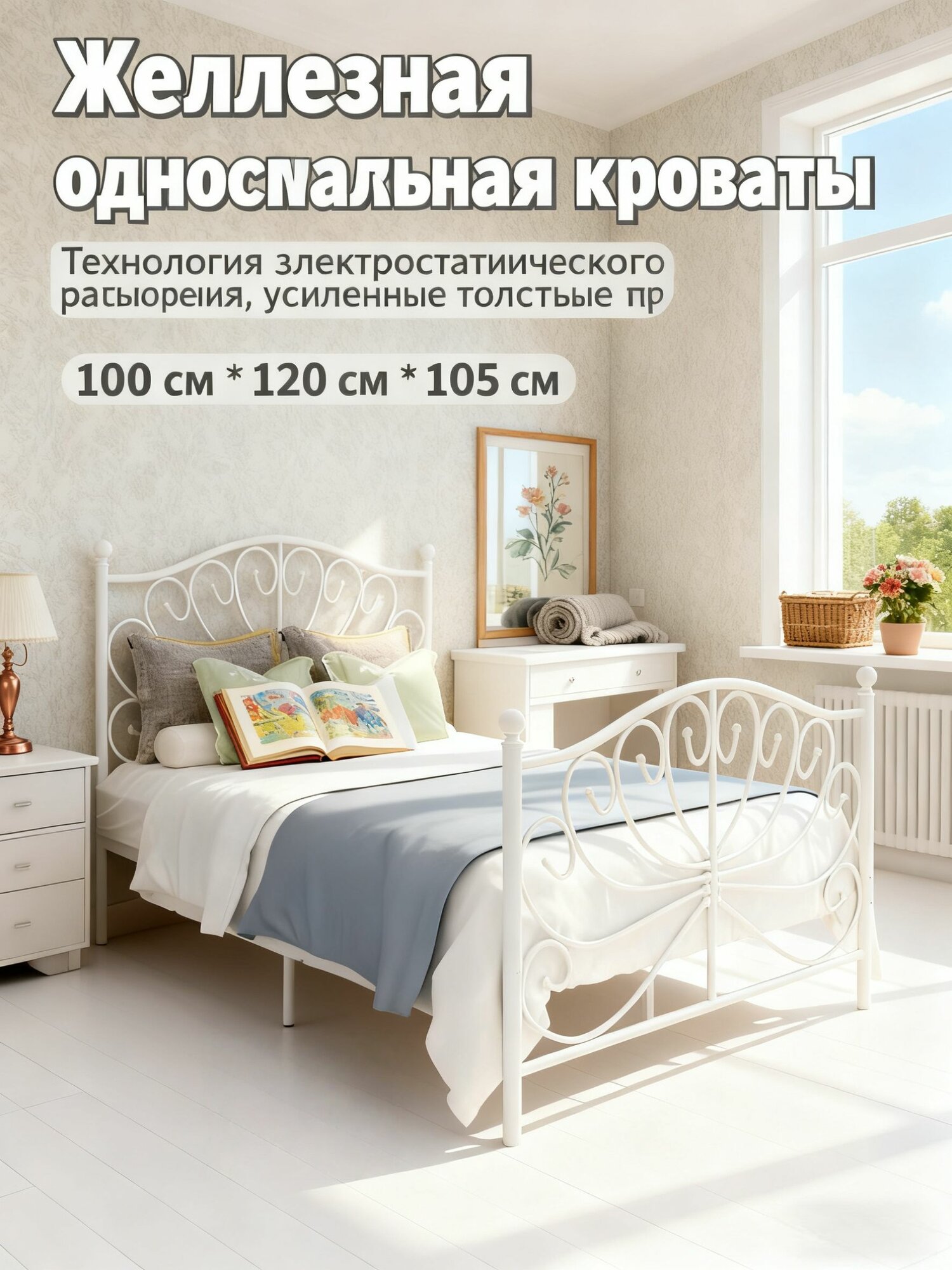 Односпальная кровать в европейском стиле/изделия из кованого железа/белый/120*200 см