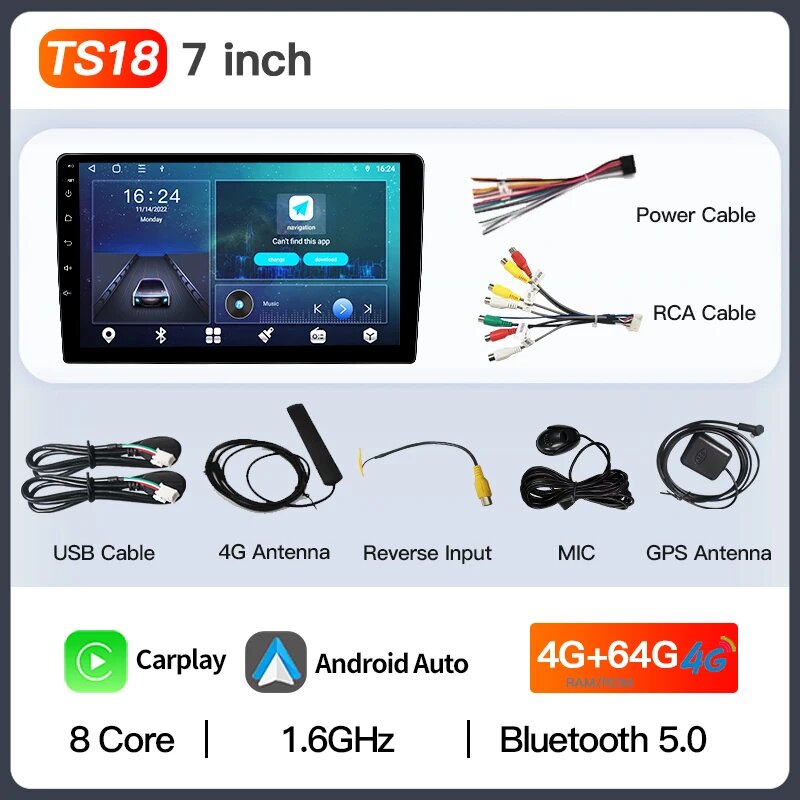Android 13 TS18 TS10 Автомобильный радиоприемник 9/10 дюймов Универсальный хост-плеер 7 TS18 4 64G