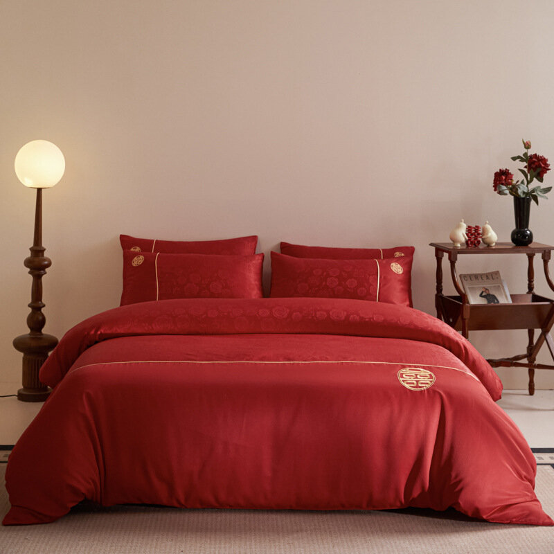 Жаккардовый свадебный комплект из четырех предметов, ярко-красное свадебное постельное белье, вышитый пододеяльник из домашнего текстиля, праздничный свадебный комплект из четырех предметов,200*230cm