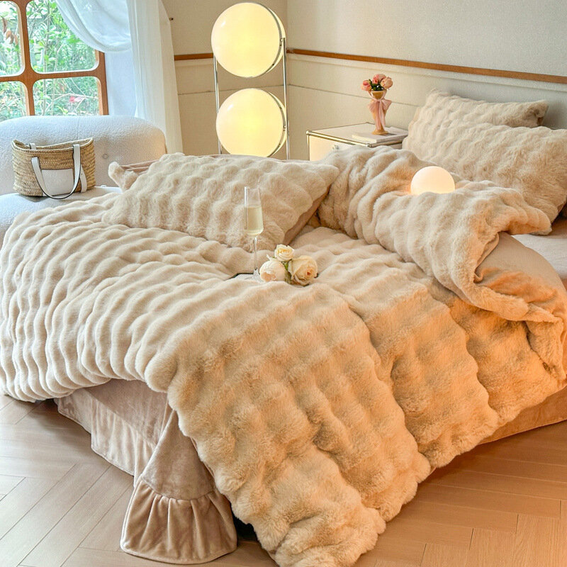 Комплект постельного белья из молочного флиса категории А (зимняя флисовая простыня и пододеяльник) — комплект из 4 предметов из кроличьего флиса класса люкс,200*230cm