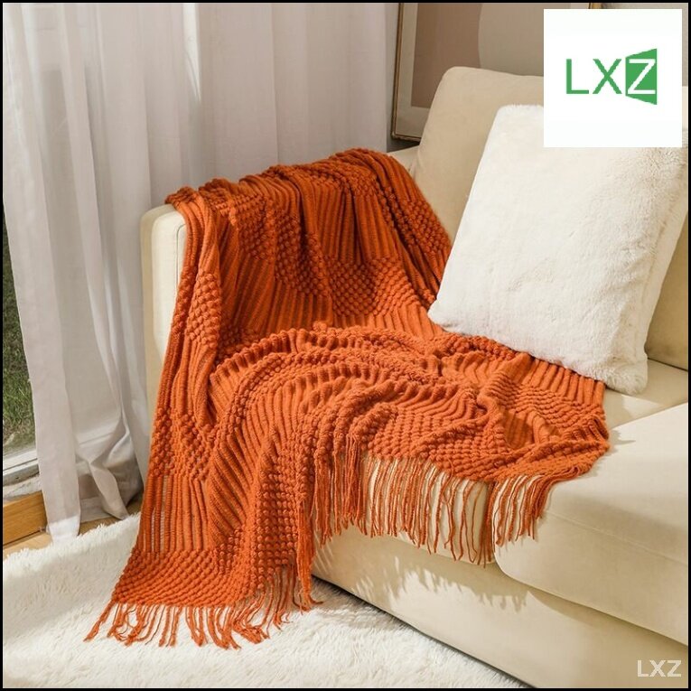 Одеяло вязанное, для дивана, с кантом, оранжевое, 172 см x 127 см