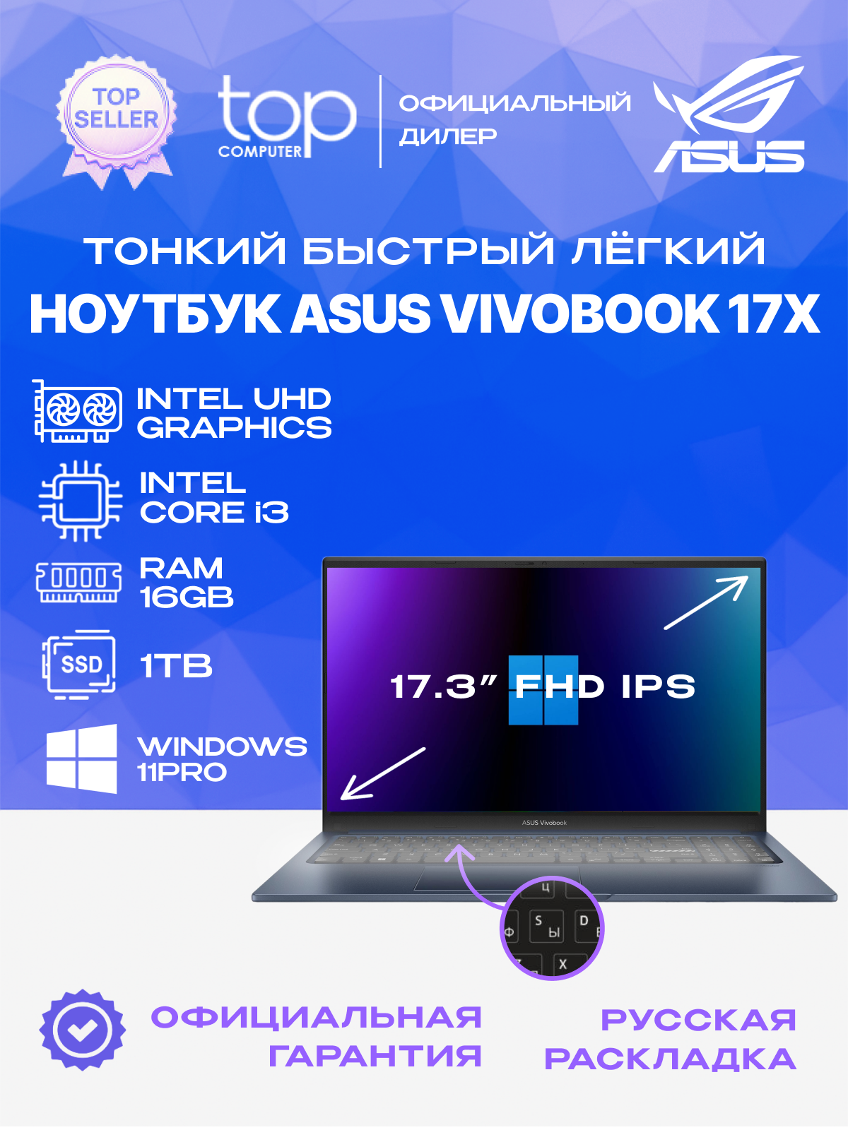 Ноутбук Asus Vivobook 17 X1704VA 17.3"FHD/IPS/Intel Core i3 1315U/16GB/SSD 1TB/Intel UHD/Win11pro/синий