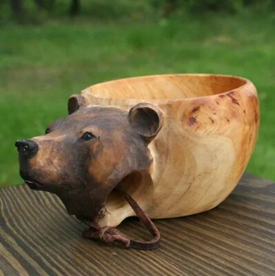 Деревянная кружка Kuksa из каучукового дерева, 1PC Bear