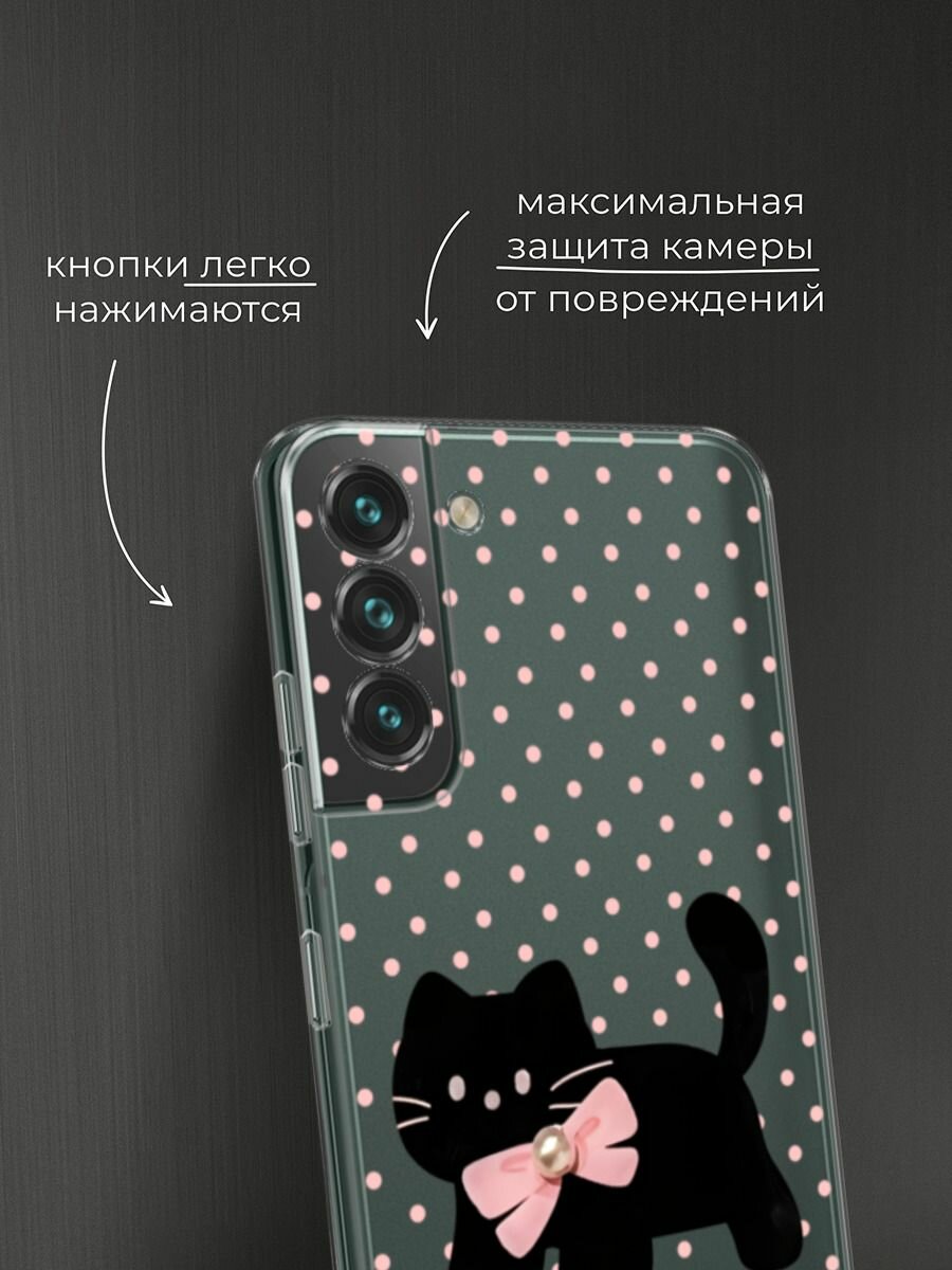 Чехол на Samsung Galaxy S22 + / Самсунг Галакси S22 Плюс с принтом Черный котик с бантом, прозрачный — фото 1