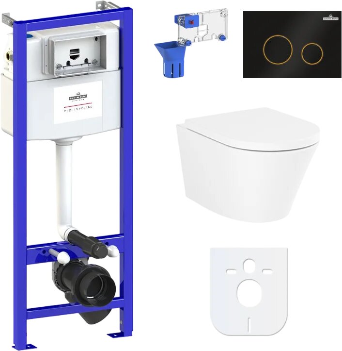 Комплект Lavinia Boho Унитаз подвесной Biore Compacto Rimless 3304101C / Крышка-сиденье Biore 33290420 с микролифтом / Инсталляция RelFix 38010010, Кнопка RelFix 38050803 матовая черная, золотой глянец, Дозатор RelFix 38040010