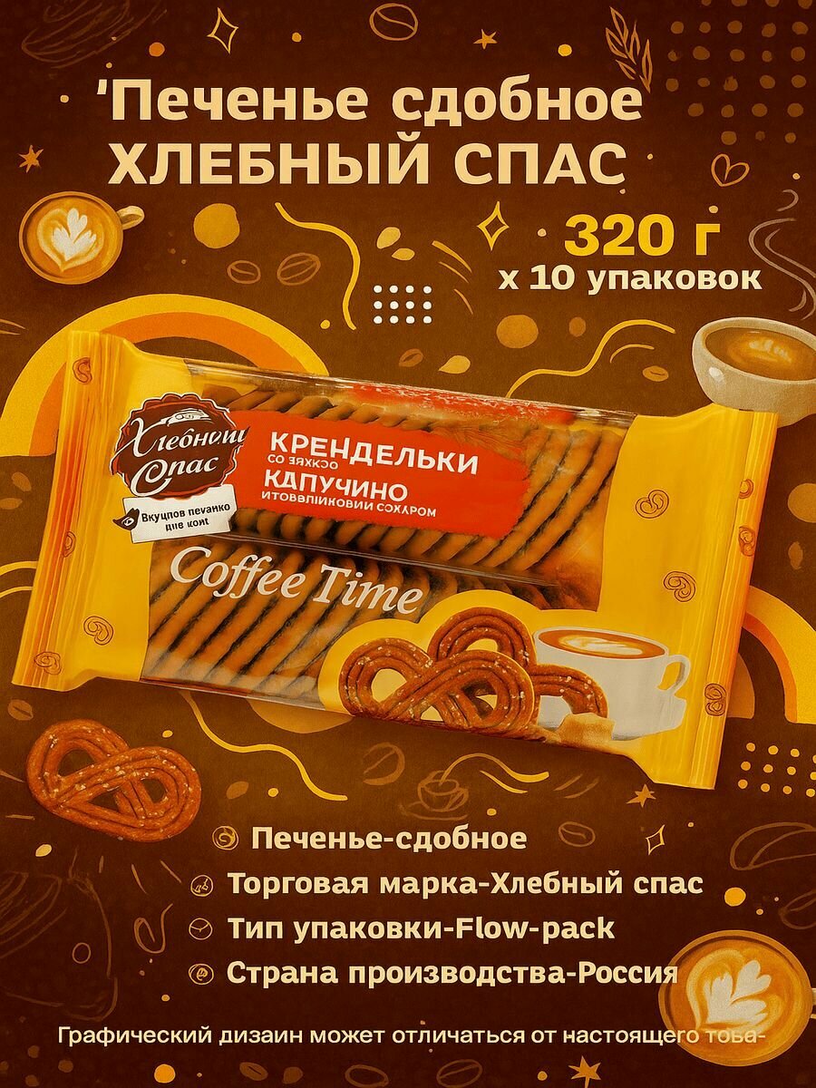 Печенье сдобное хлебный спас Coffee Time крендельки со вкусом капучино и тростниковым сахаром, 320г x 10 упаковки