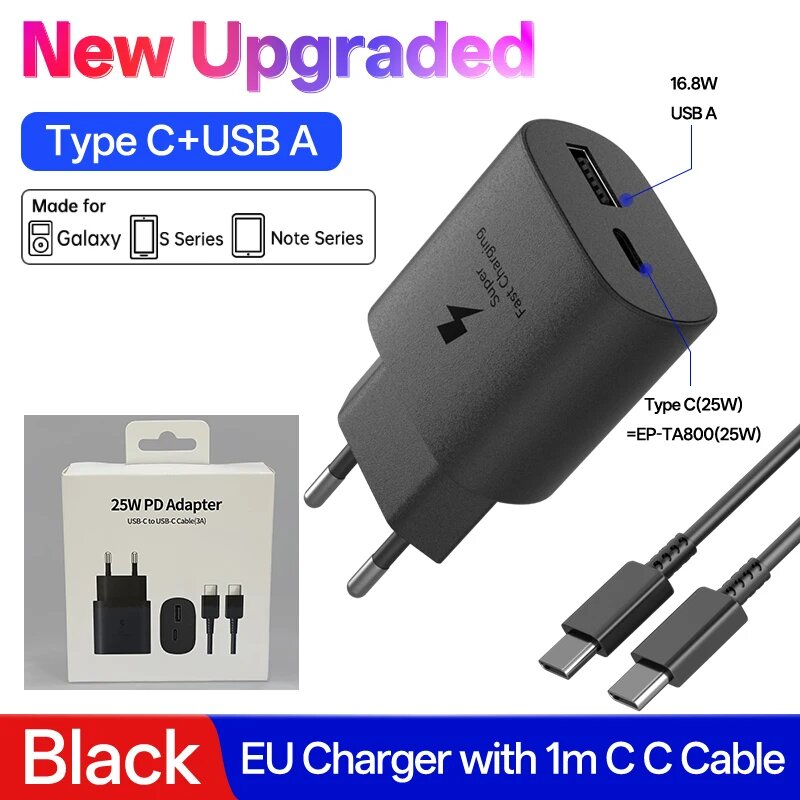 Супербыстрое зарядное устройство Samsung 25 Вт, адаптер типа C Galaxy S25 S24 S23 S20 S21 S22 Plus A05 A55 A35 A25 A15 Z Flip Fold 7 6 5 Note 20 Black 25W EU Set