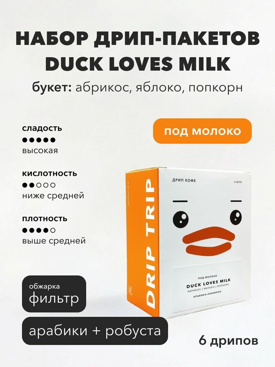 Набор дрип-пакетов DUCK LOVES MILK под молоко от Больше Кофе Ростерс, арабика, 6 штук