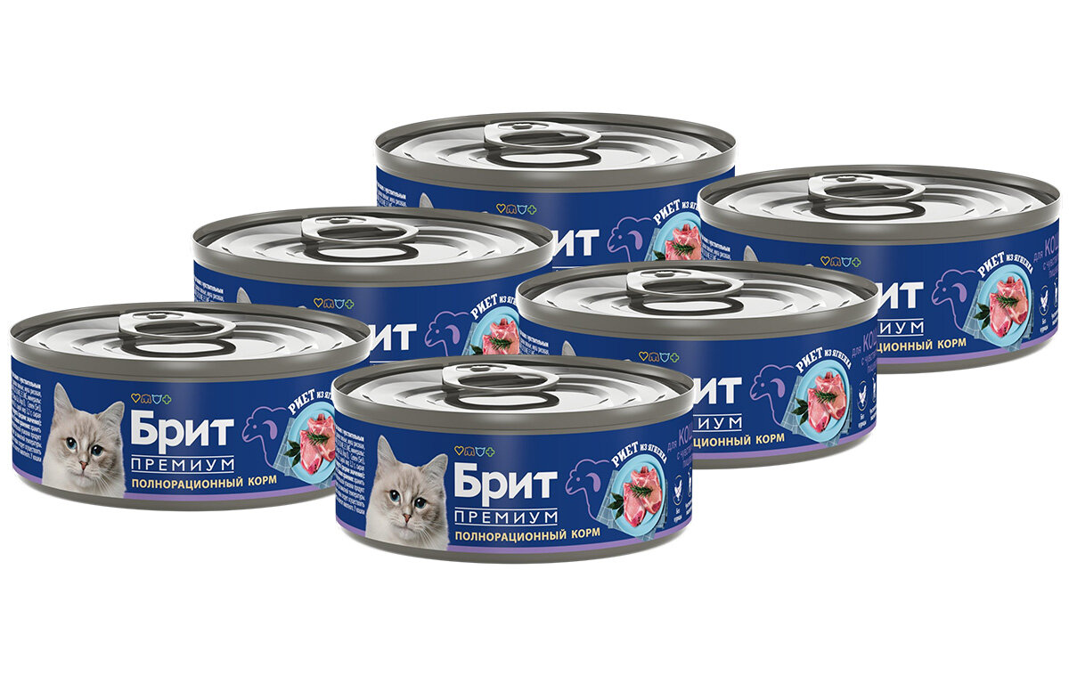 Корм влажный Brit Premium для кошек с чувствительным пищеварением с ягненком риет, 100 г х 6 шт