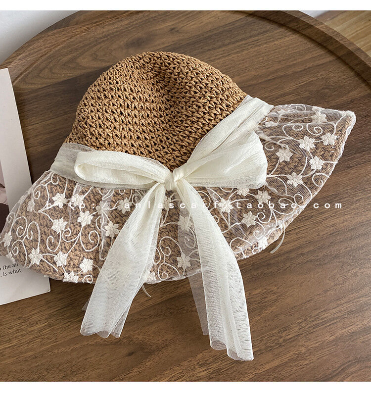 Женская шляпа в корейском стиле, жемчужный цветок, кружевной бант, соломенная шляпа, пляжная солнцезащитная шляпа, дорожная соломенная солнцезащитная шляпа