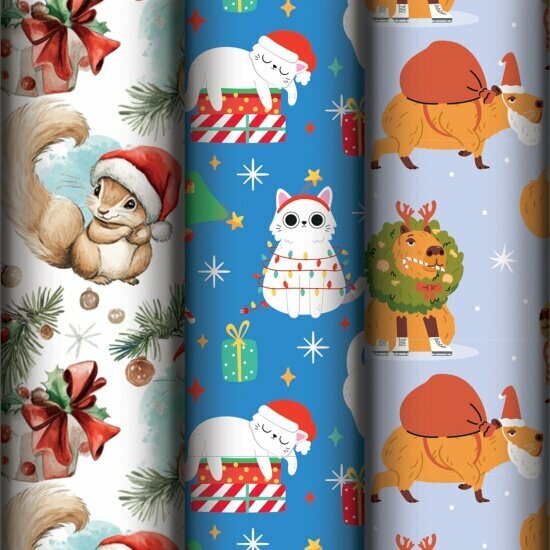 Бумага упаковочная Золотая Сказка новогодняя набор 3 шт, "X-mas animals", 70х100 см, 3 дизайна, , 592610