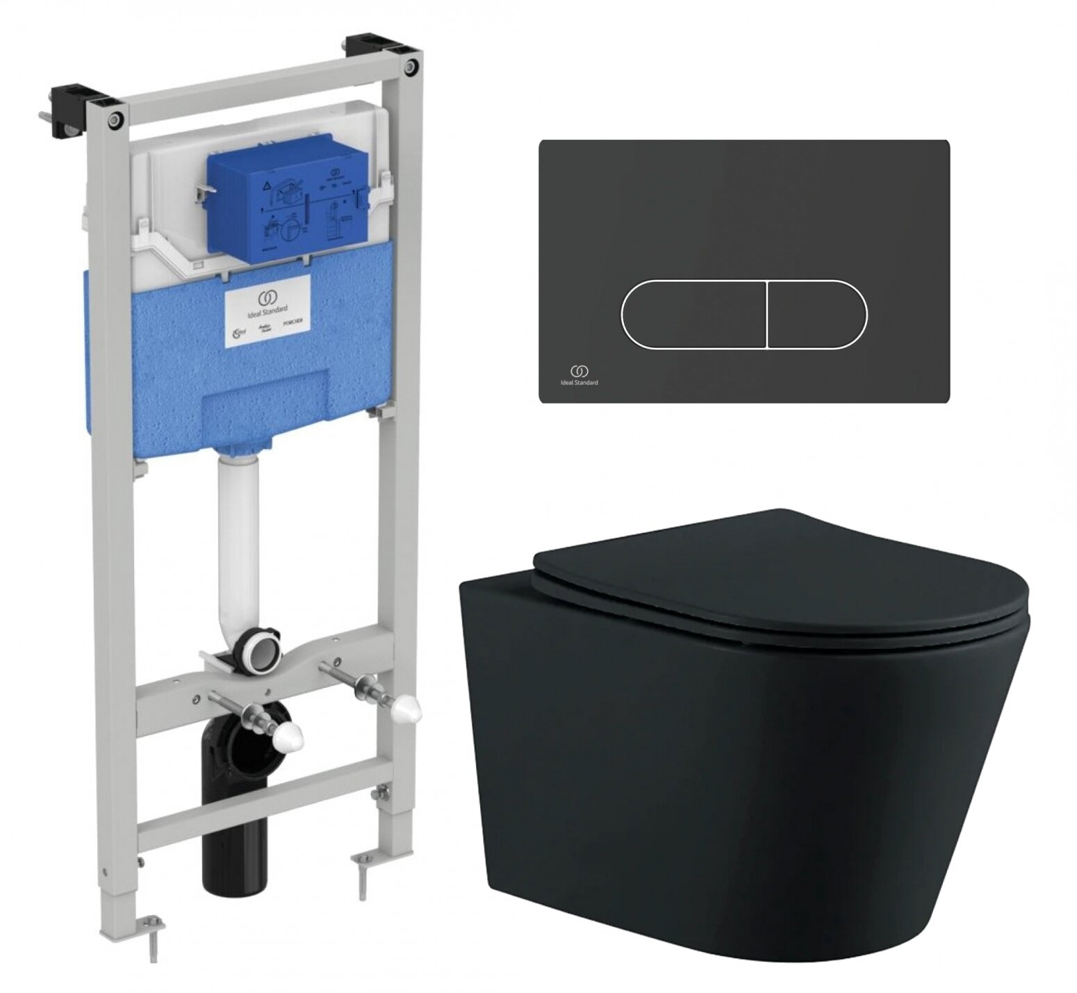 Комплект 3 в 1 инсталляция Ideal Standard + Унитаз подвесной AQUATEK Вега AQ1905-MB + кнопка черная