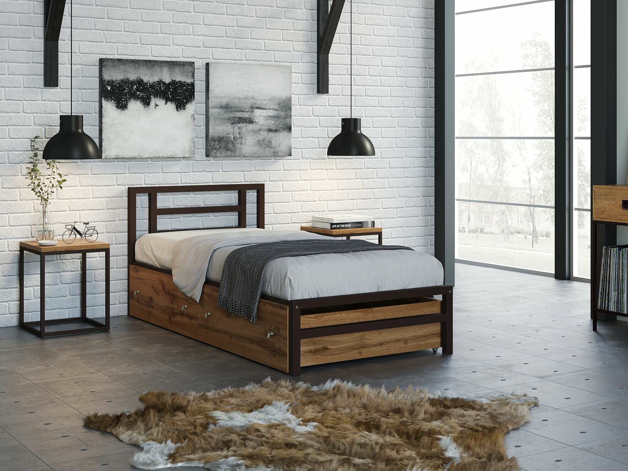 Односпальная кровать Титан 90 Коричневый ящики Дуб крафт табак