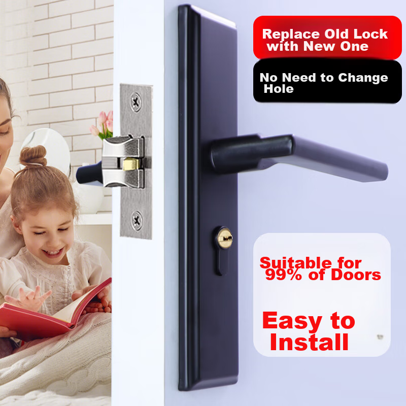 HOTUN Adjustable Interior Door Lock, Single Latch Wooden Door Lock, Stainless Steel Bedroom Door Lock, Black, KTS01-HDK