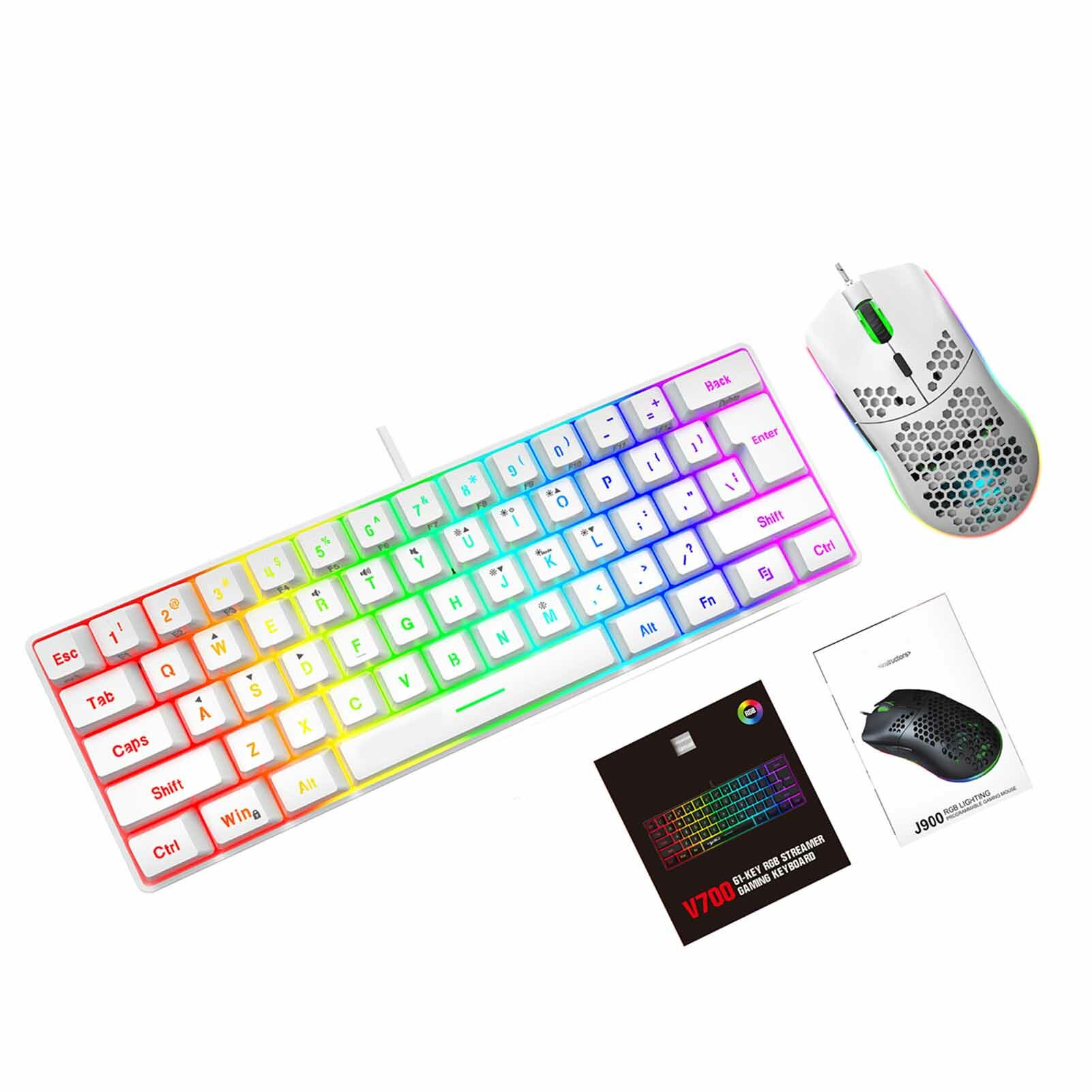 Набор проводной игровой клавиатуры и мыши с RGB-подсветкой, скорость перемещения 6400 для ПК, компьютера, белый набор