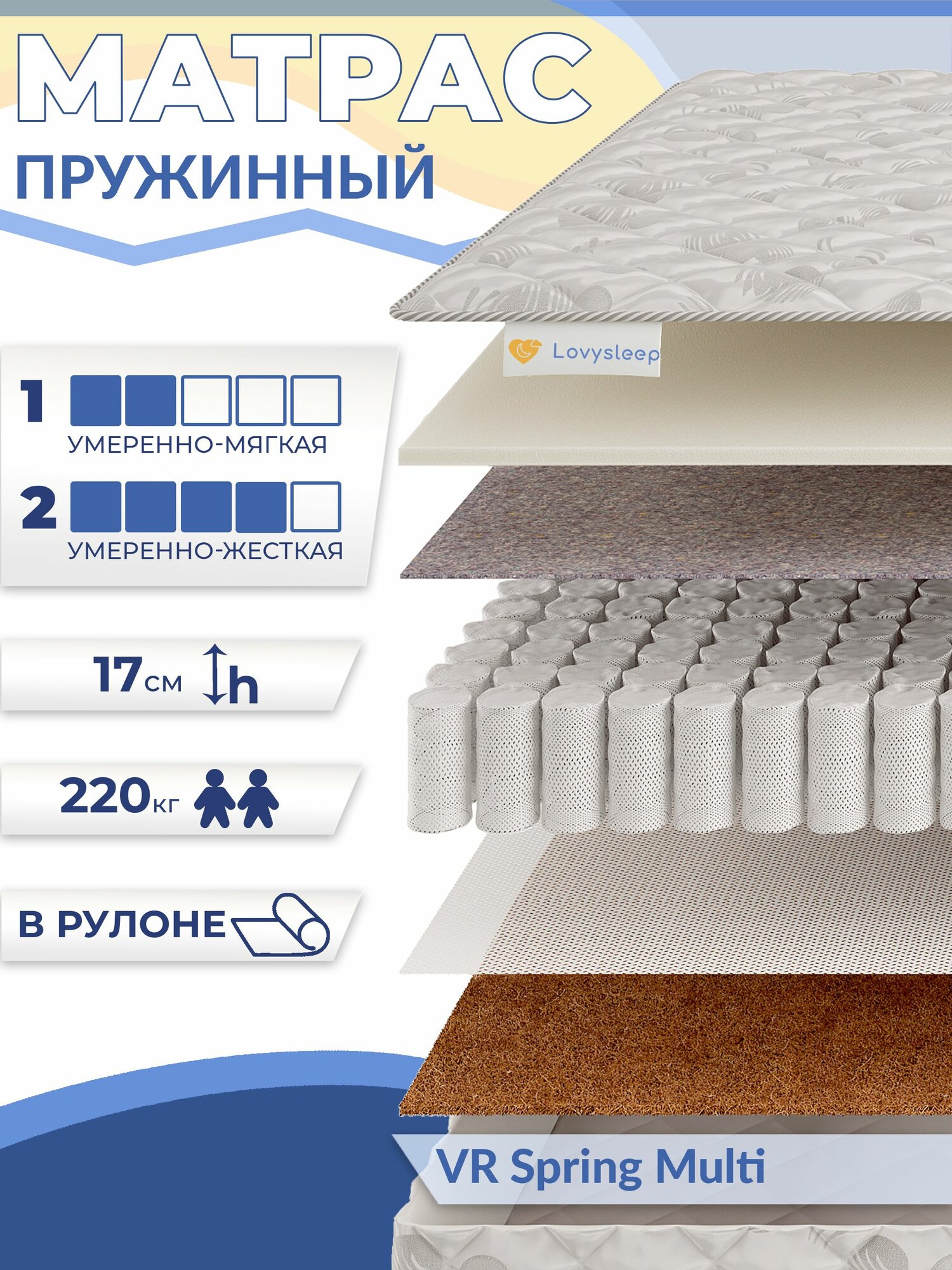 Матрас VR Spring Multi 130х185 см, независимые пружины, 17 см, полутороспальный, двусторонний с разной жесткостью, в рулоне