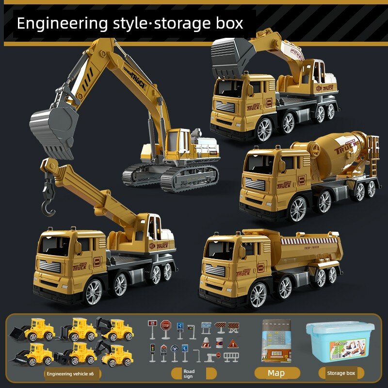 Улучшенный набор инженерных машинок с 6 предметами, большими строительными машинами, контейнером, картой и дорожными