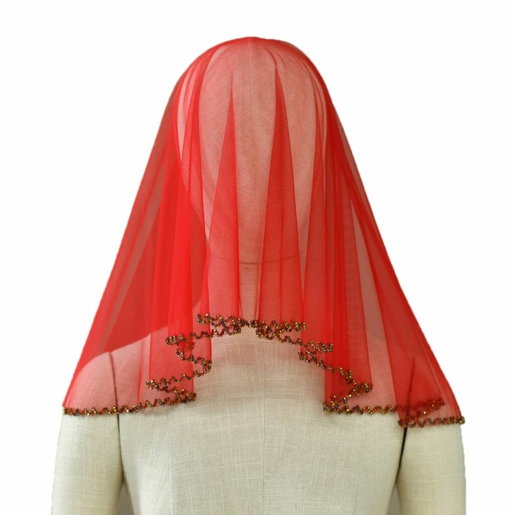 Свадебный красный хиджаб из черного золота с бисером-красный
