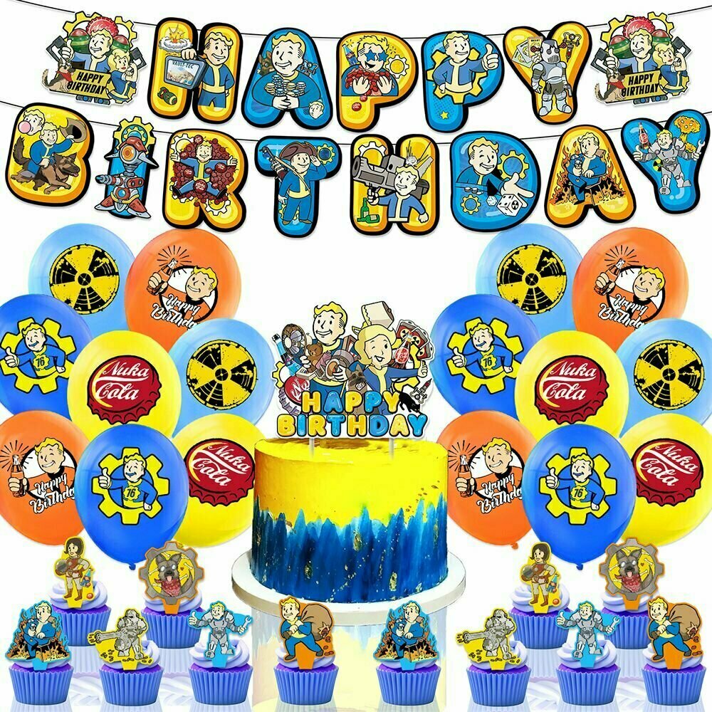 30 предметов для вечеринки в стиле Fallout, в том числе баннер, шары, украшения для торта