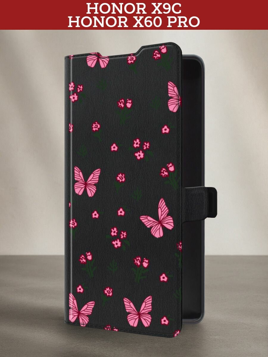 Чехол-книжка на Honor X9C/Honor X60 Pro / Хонор Х9С/Хонор Х60 Про с принтом Паттерн бабочки и цветы, черный