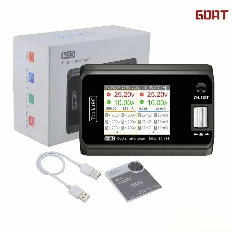 Зарядное устройство ToolkitRC m6d питается от сети 220 В через порт XT60