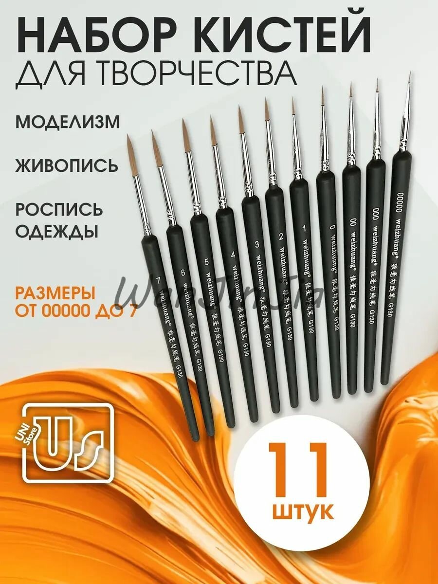 Набор кистей для моделирования миниатюр, 11 шт