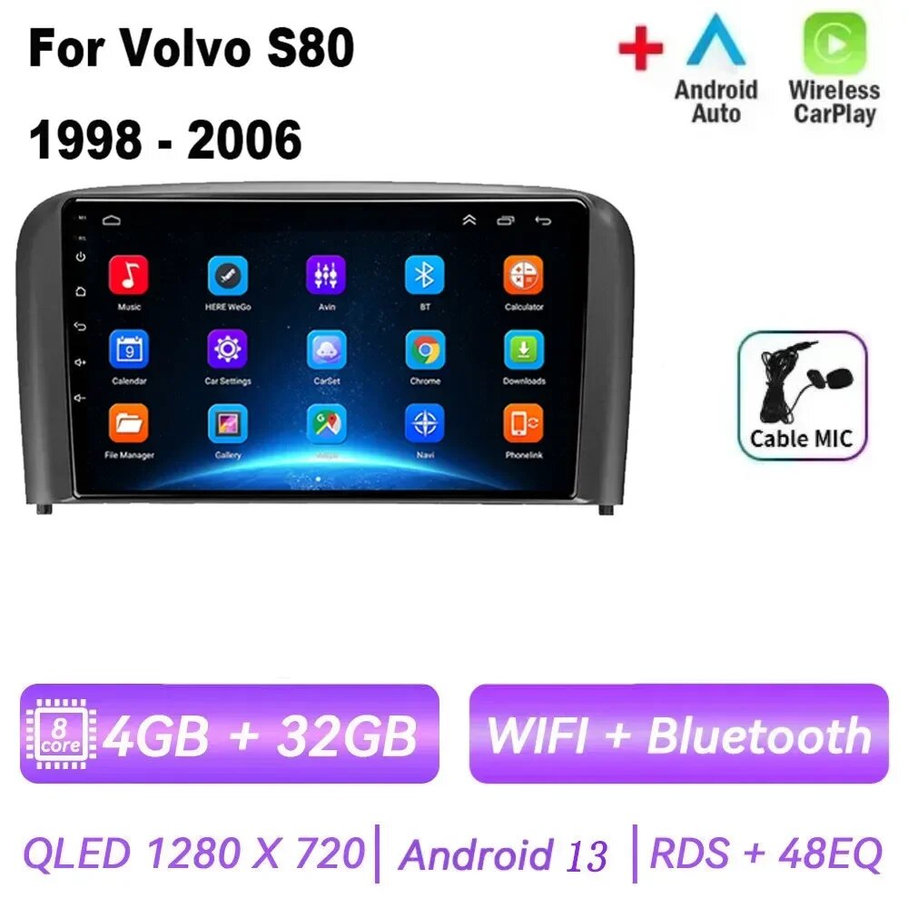 Android 13 для Volvo S80 1 1998-2006 автомобильный радиоприемник мультимедийный видеоплеер навигация GPS авто беспроводной Carplay 2Din DVD DSP 4G WIFI 4G-32G MIC Carplay