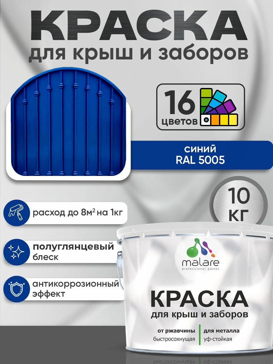 Краска по металлу Malare для крыш и заборов по ржавчине, для наружных работ, быстросохнущая износостойкая RAL 5005 синий, глянцевая, 10 кг