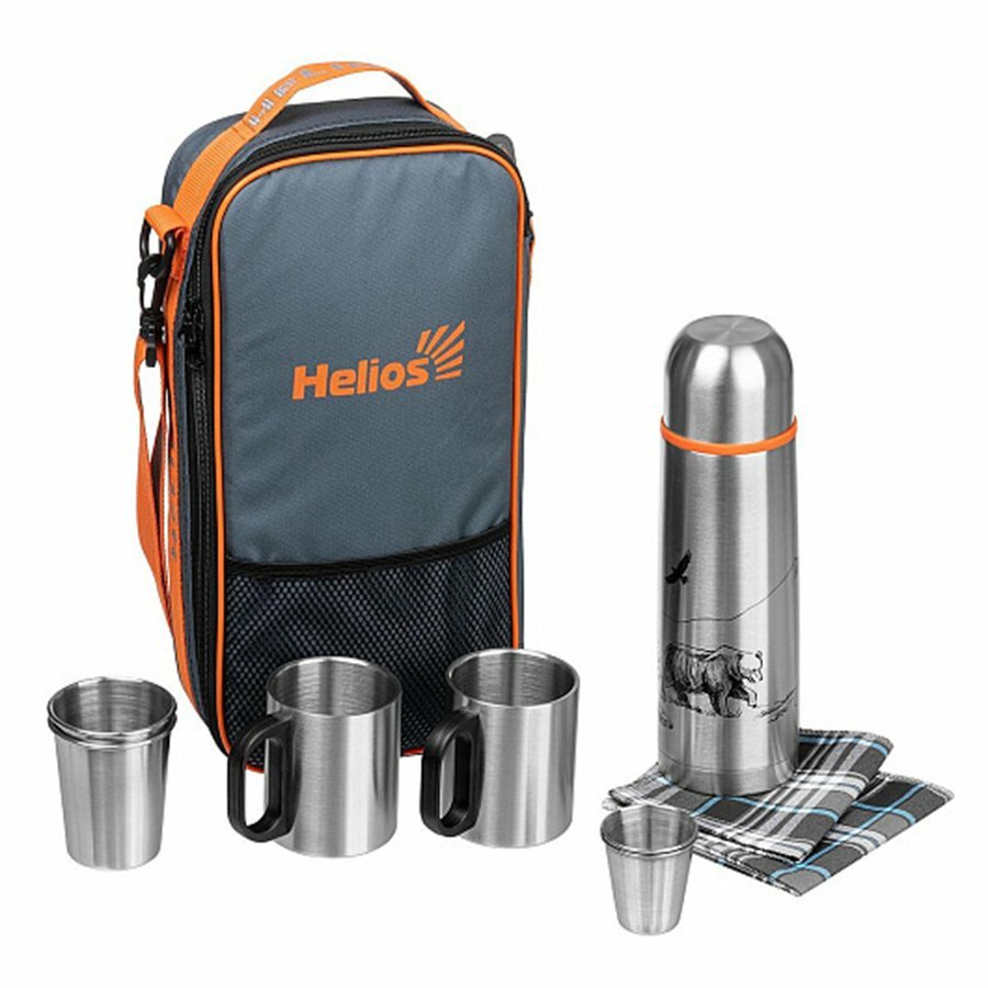 Набор для пикника HELIOS Prival на 2 персоны с термосом+2 термокружки, серый