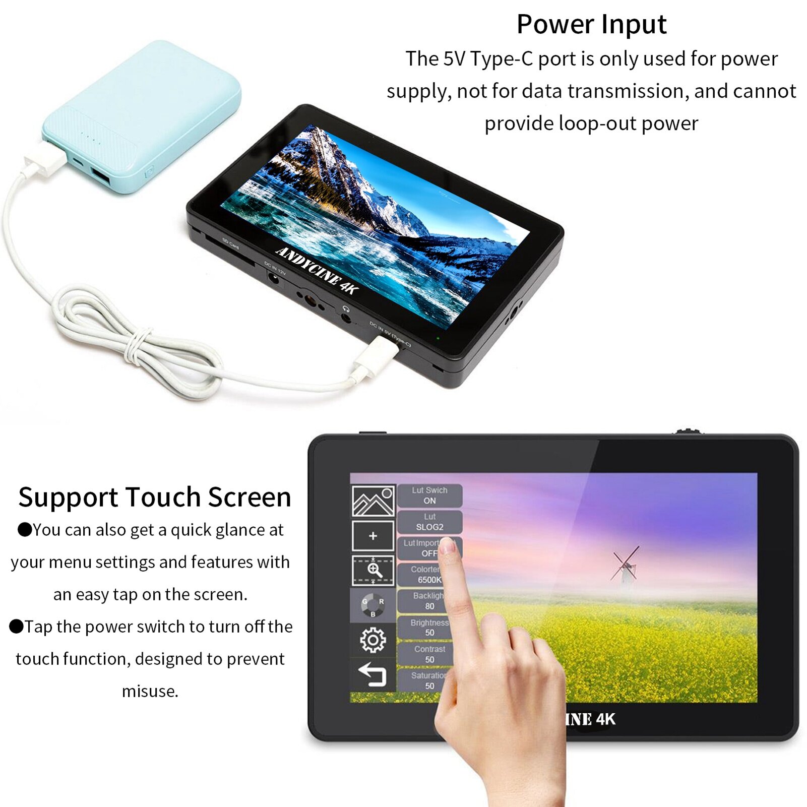 5,5-дюймовый монитор для цифровой зеркальной камеры с сенсорным управлением, видеомонитор 3D Lut, яркость 450 нит, мультимедийный интерфейс высокой четкости 4K