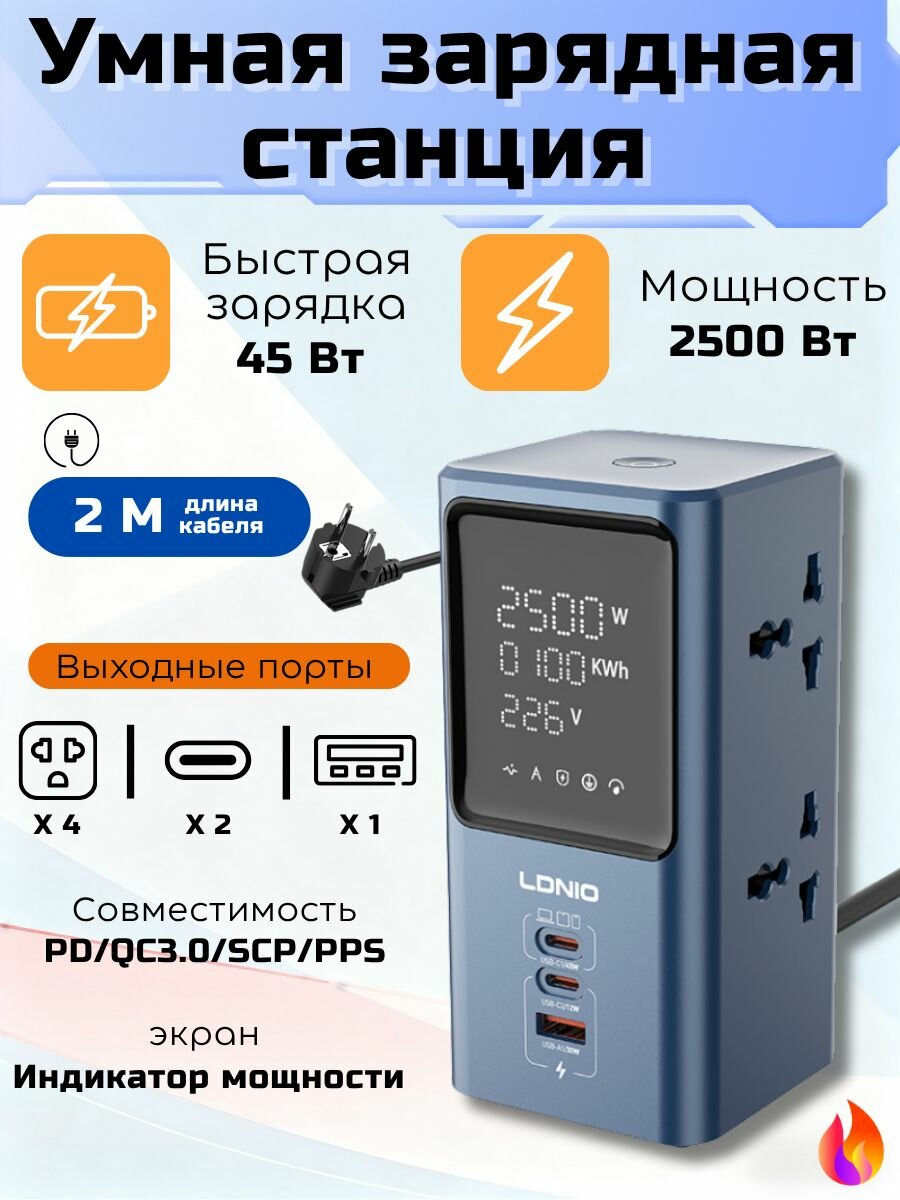 Башенный сетевой фильтр 7-в-1 с USB и дисплеем, PD45W, 2 м кабель, защита от перегрузки, для дома и офиса