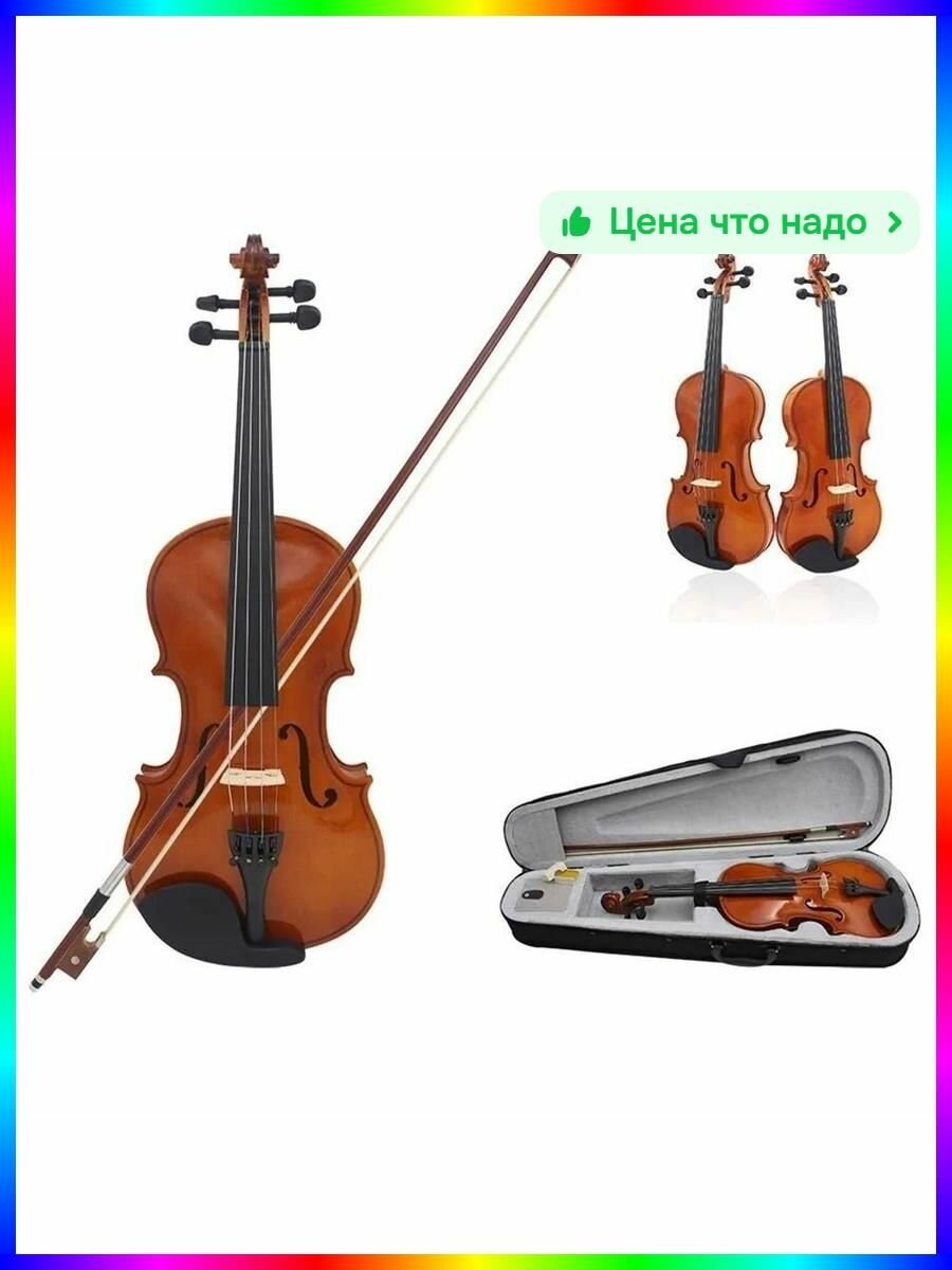 Скрипка 4/4 из липы с футляром и смычком, натуральное дерево