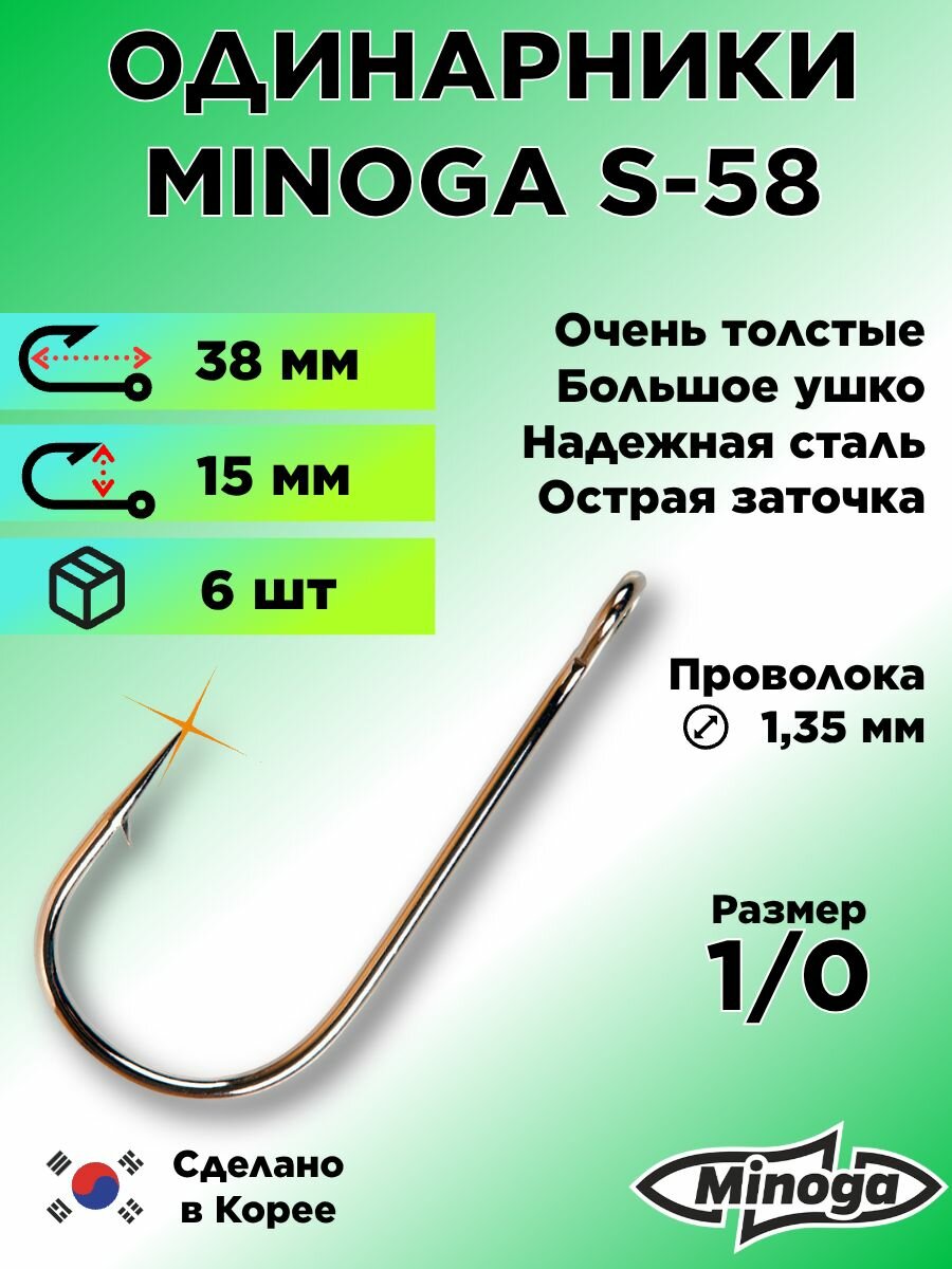 Крючки одинарные из толстой проволоки Minoga S-58 JIG №1/0 (6 крючков) прямые, цвет никель