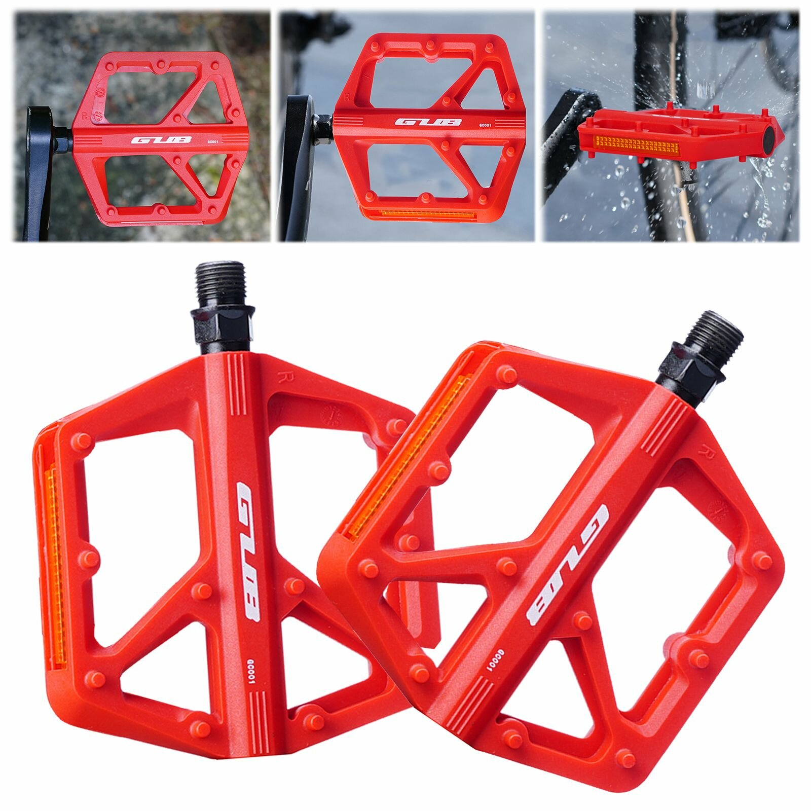 Красные велосипедные педали GUB GC-001 с отражателями, двойными DU-подшипниками и противоскользящей поверхностью