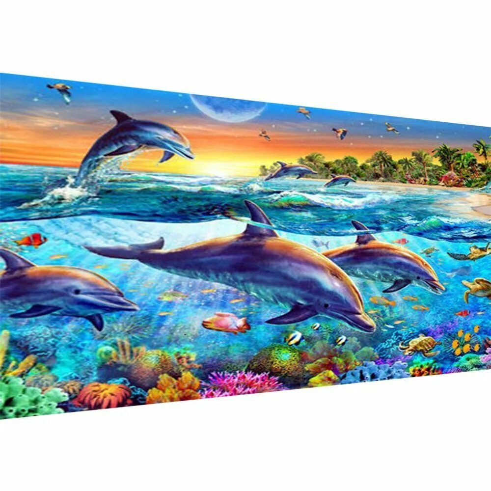 Алмазная мозаика Вышивка Живопись Картина стразами "Прыгающий дельфин" 140x50 см (без подрамника, без рамки)