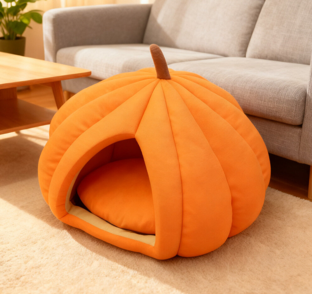 Листовой стиль тыквенной кошачьей кровати, зимняя теплая полузакрытая кошачья кровать, съемная, стираемая, всесезонная кровать для питомцев, кошачьи принадлежности