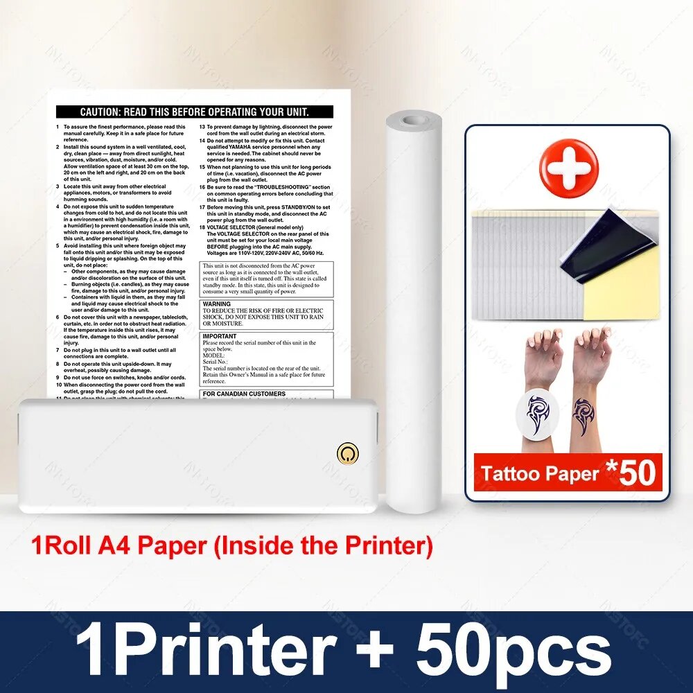 INSTOFC Термальный принтер A4 Bluetooth WH Add 50pcs Tattoo