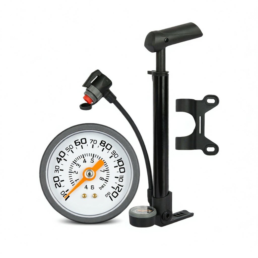 GIYO Портативный насос для велосипедов MTB Road Bike 120PSI высокого давления с манометром для шаровок Schrader и Presta для передней и задней подвески, цвет черный/серебристый (выбор), материал алюминиевый сплав, размер 330*110мм, вес 116г, 1 шт.