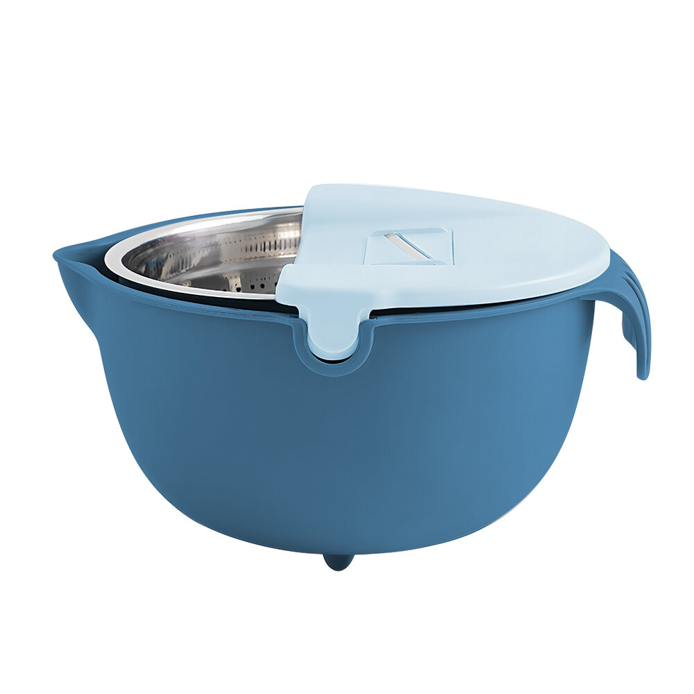 Набор из желудка для сцеживания и миски 9-в-1 для кухни для мойки фруктов и овощей, стainer для лапши, макарон, риса, двустенный поворотный желудок с нарезчиком, 4 кварта, красный, синий, PP+нержавеющая сталь, 28.5x27x14.2 см, 872 г, 4000 мл