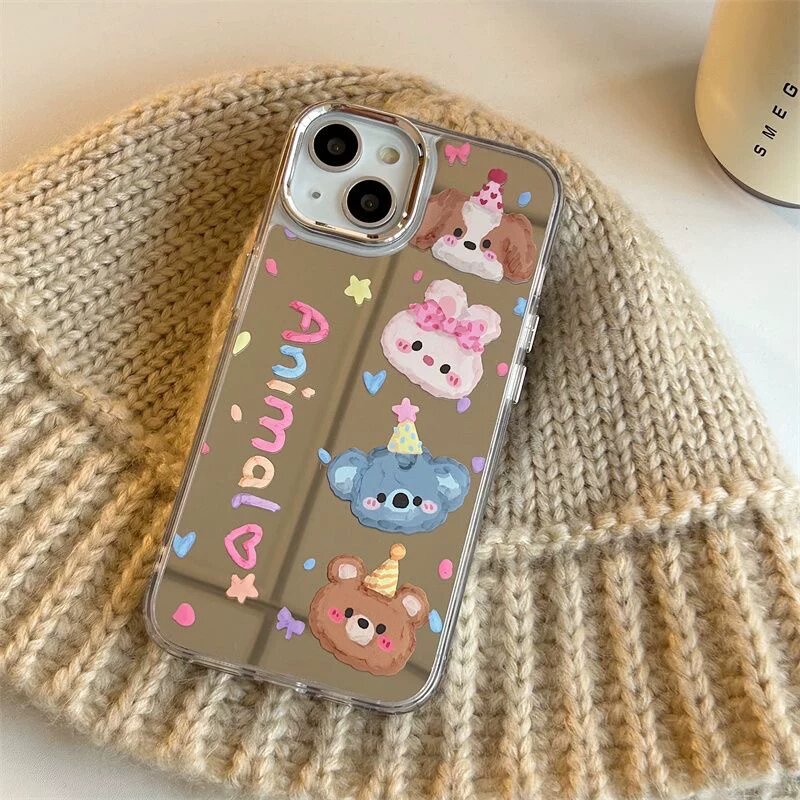 Чехол-зеркало с милым граффити в виде животных для Apple 14/15, чехол для Apple 13 с зеркальной поверхностью,