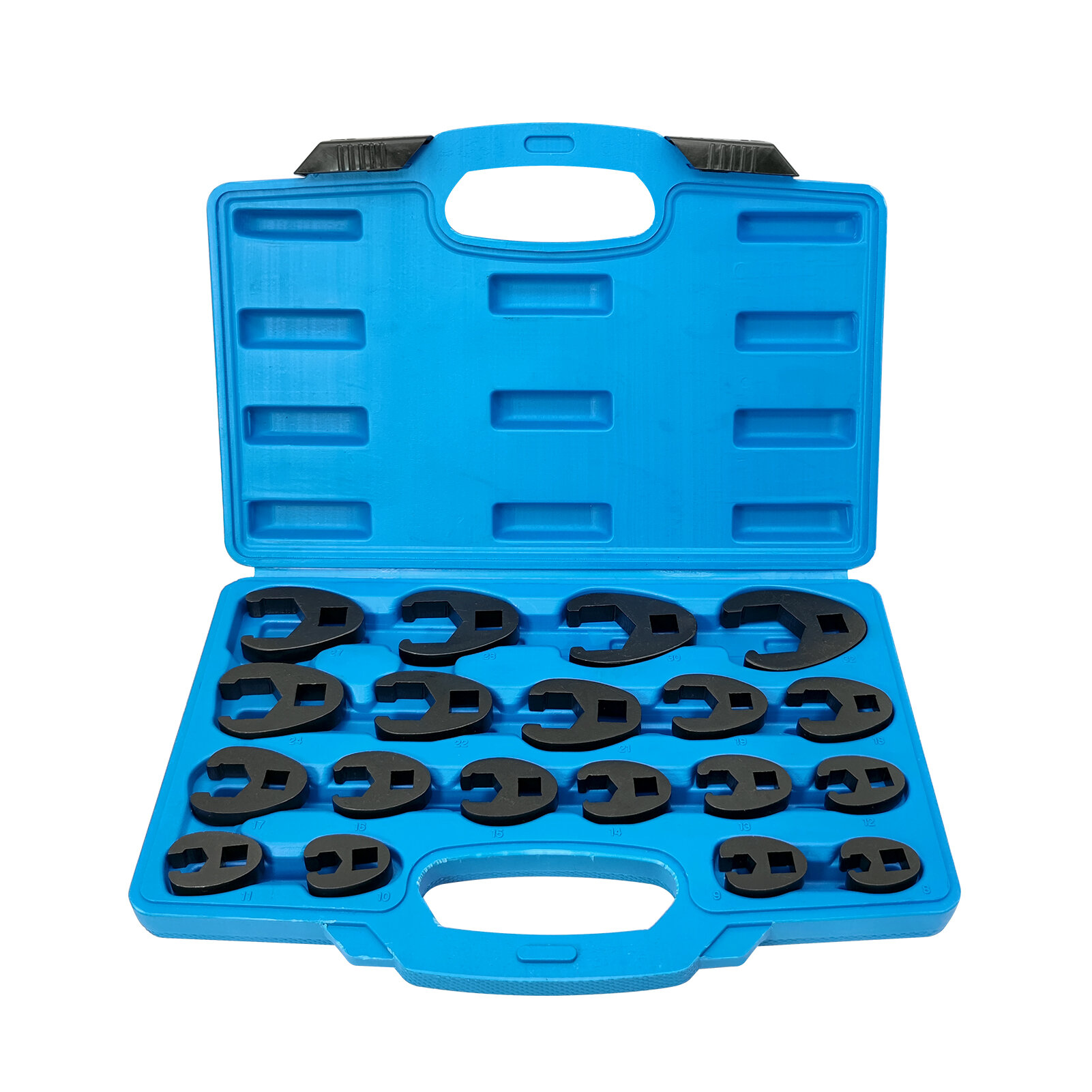 Набор гаечных ключей для фланцевых гаек Crowfoot 3/8" и 1/2" драйв, 19 штук, метрические размеры 8-32 мм, черный цвет, материал сталь, размер упаковки 34*22.5*6 см, вес упаковки 2000 г, для раchetок 3/8 дюйм и 1/2 дюйм драйв