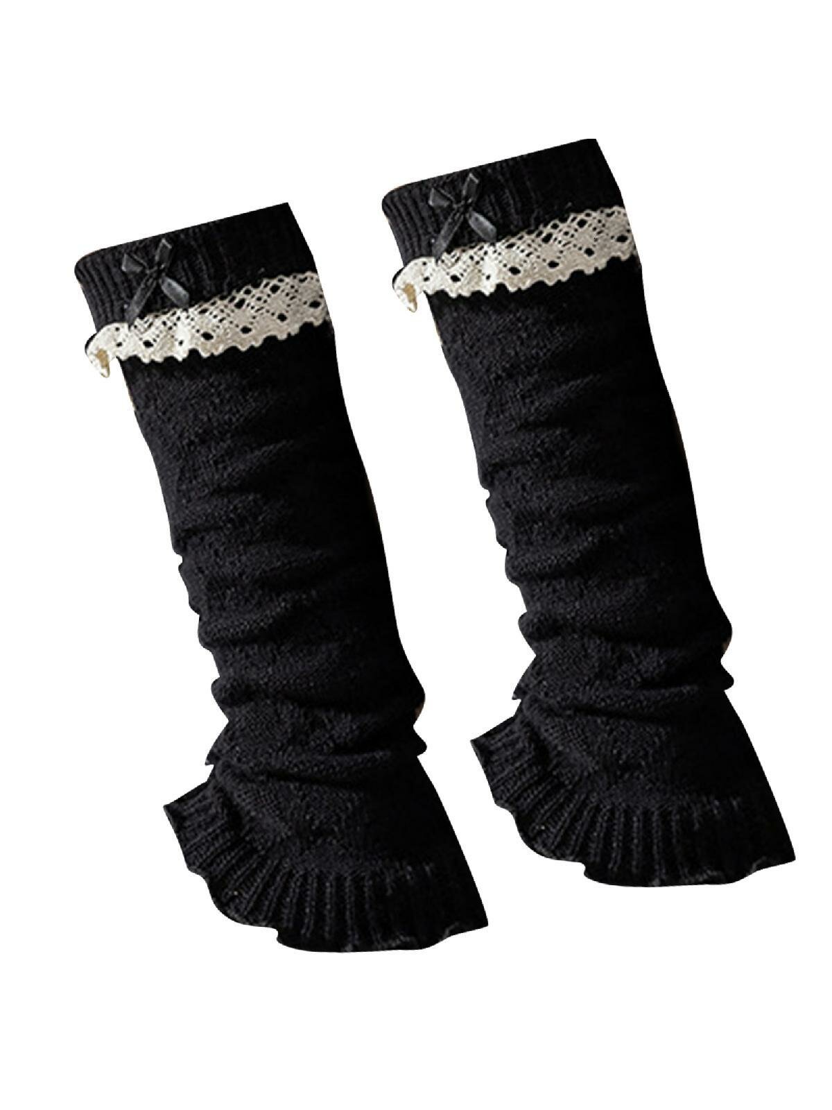 Женские вязаные гетры с кружевами и бантом, черные волны