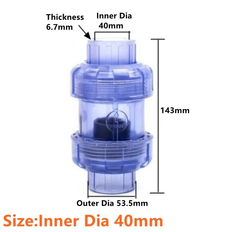 Прозрачный обратный клапан SHSMFC для ПВХ труб 20-63 мм 40mm