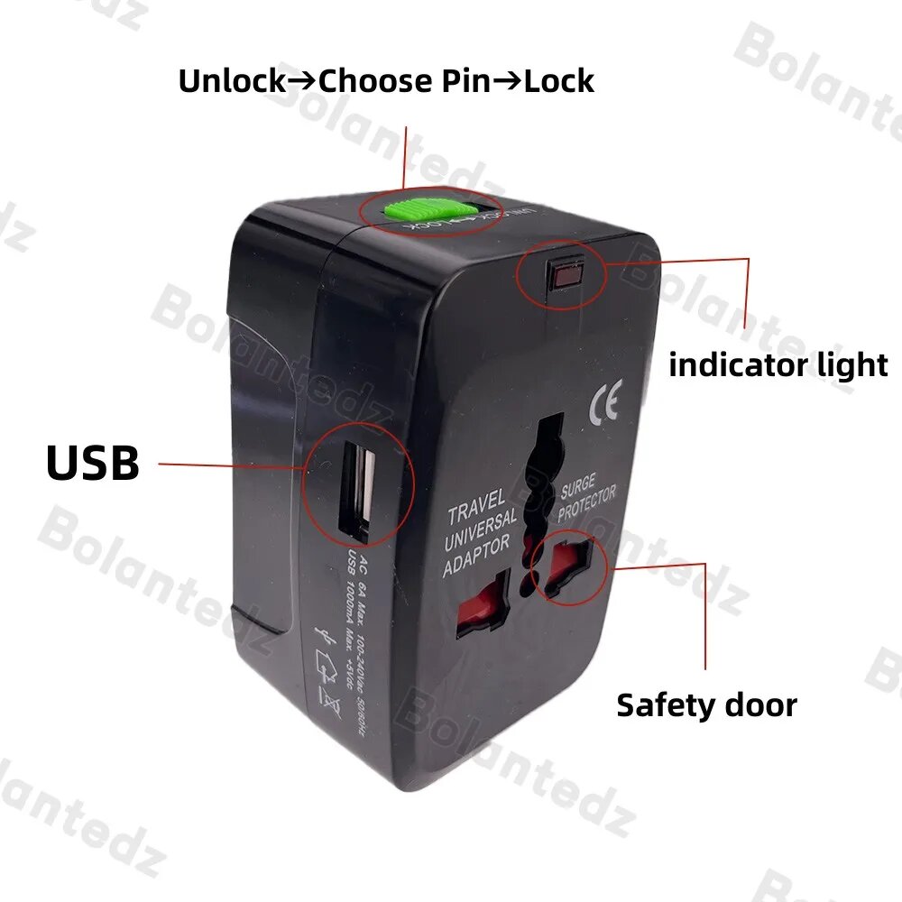 Универсальный адаптер для путешествий 1 USB Black