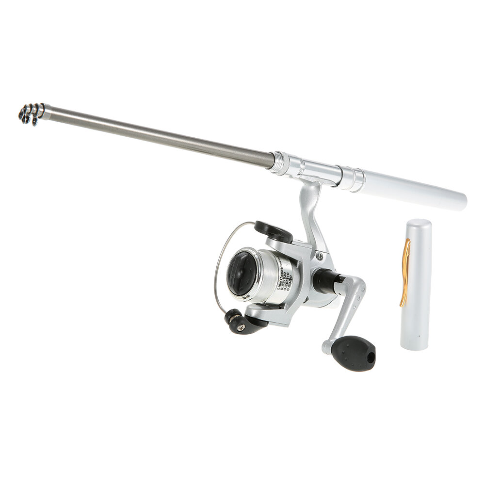 Удочка-ручка + катушка, серебристый цвет, закрытая длина 23см, раскрытая длина 96.2см, вес 55г, материал стекловолокно и алюминиевый сплав, мини катушка для спиннинга, алюминиевый сплав, соотношение скорости вращения 5.1:1, вес 115г, ёмкость катушки