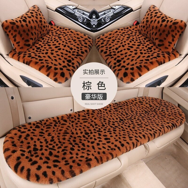 Чехол для автомобильного сиденья из лисьего меха, трехкомпонентный набор, универсальный для пятиместного автомобиля, сиденье с леопардовым принтом, плюшевое, зимнее, теплое