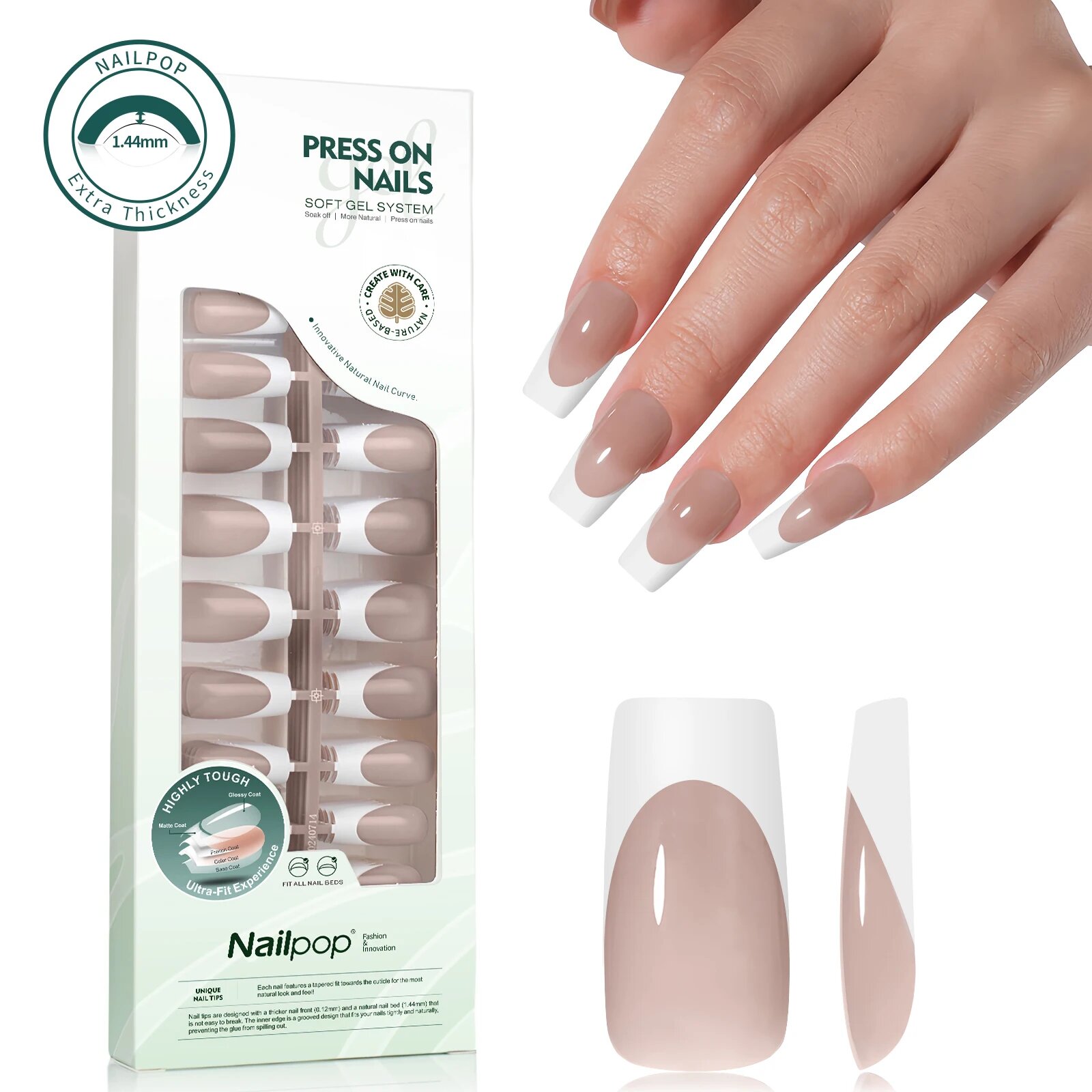 Nailpop Пресс-он ногти французский маникюр акрил 140 шт FT-Square 03