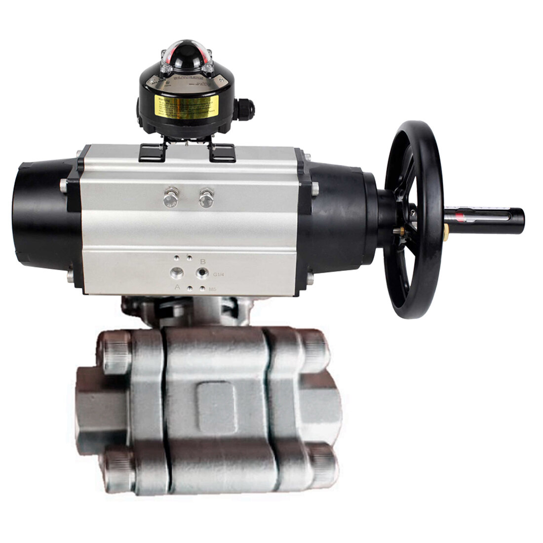 Кран шаровой DN.ru 316-316-PTFE-FP-SW-ISO-H Ду100 Ру63 полнопроходной, корпус - нержавеющая сталь SS316, под приварку, с пневмоприводом DA-105-1, БКВ LSB-410-02ExM12-250 (опрессовано)