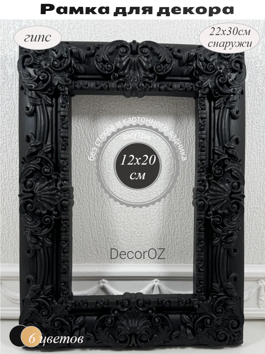Рамка для декора "Лувр", в винтажном стиле, ручная работа, гипс, фото 12x20 см, цвет черный сатин.
