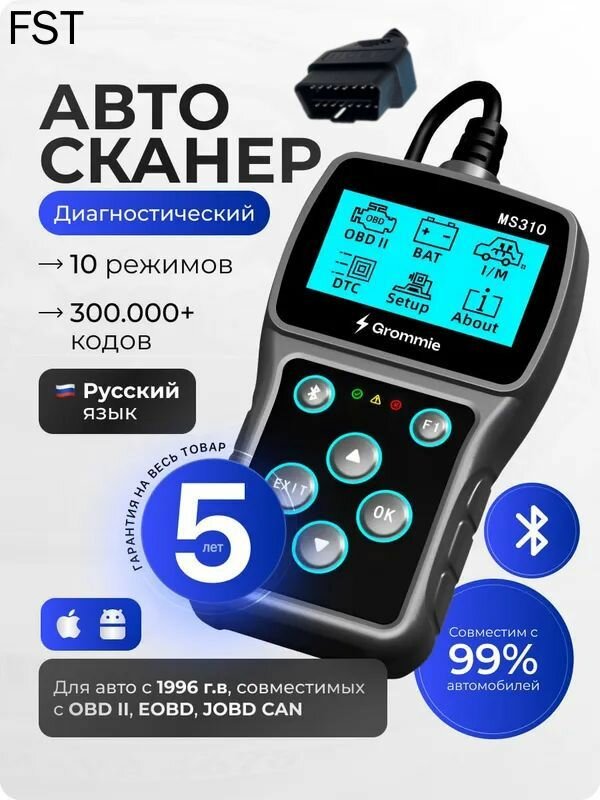 Grommie Сканер для диагностики автомобилей OBD2, ОБД2 сканер, автосканер